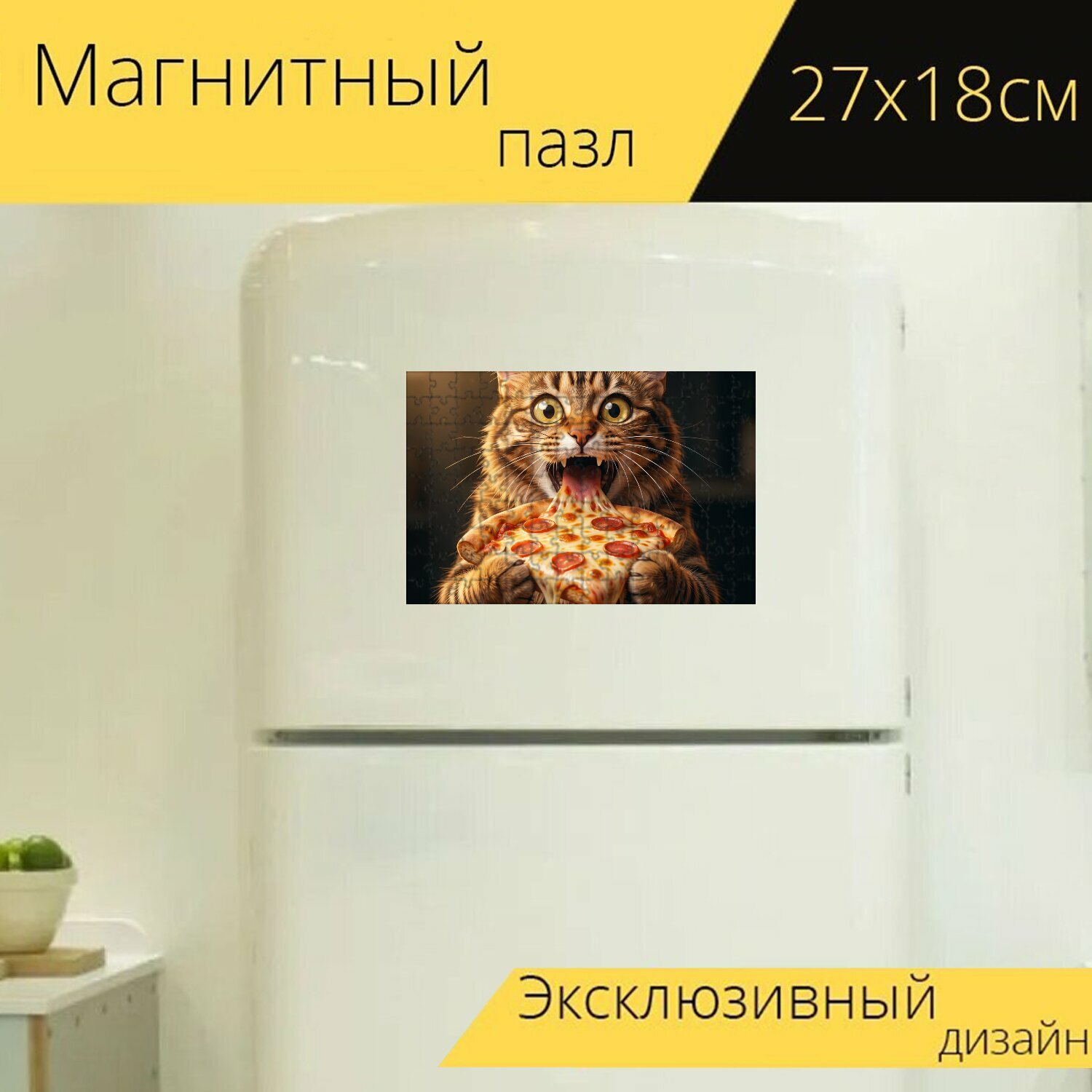 Магнитный пазл "Кот с куском пиццы. Реалистичный рыжий полосатый кот с огромными глазами держит горячий ломтик с расплавленным сыром и пепперони. Тёплое." на холодильник 27 x 18 см.