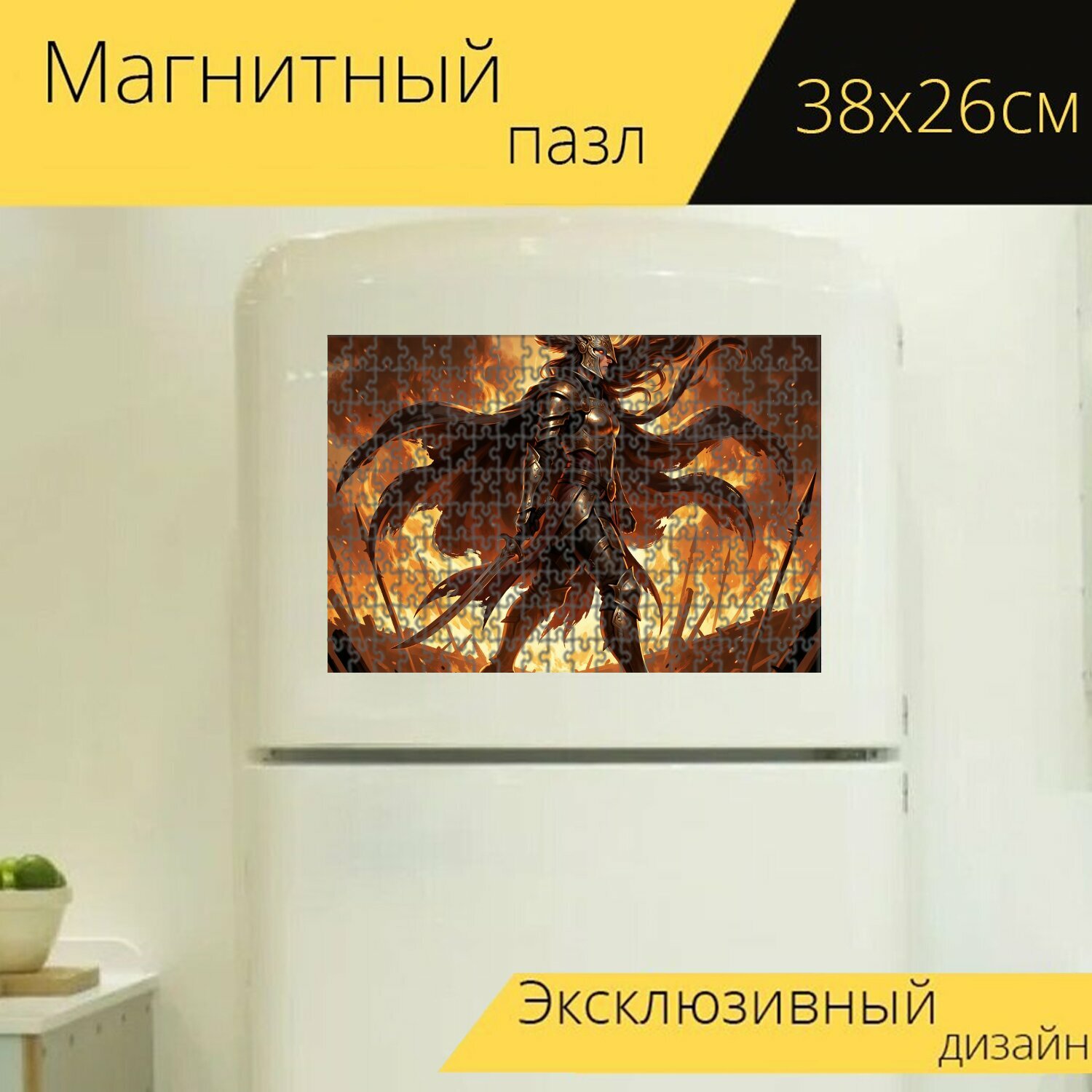 Магнитный пазл "Воительница в огне битвы. Фэнтезийная сцена с закованной в броню воительницей в рогатом шлеме, плащом на ветру и мечом в руке. Пылающий фон." для интерьера, 38х26 см.