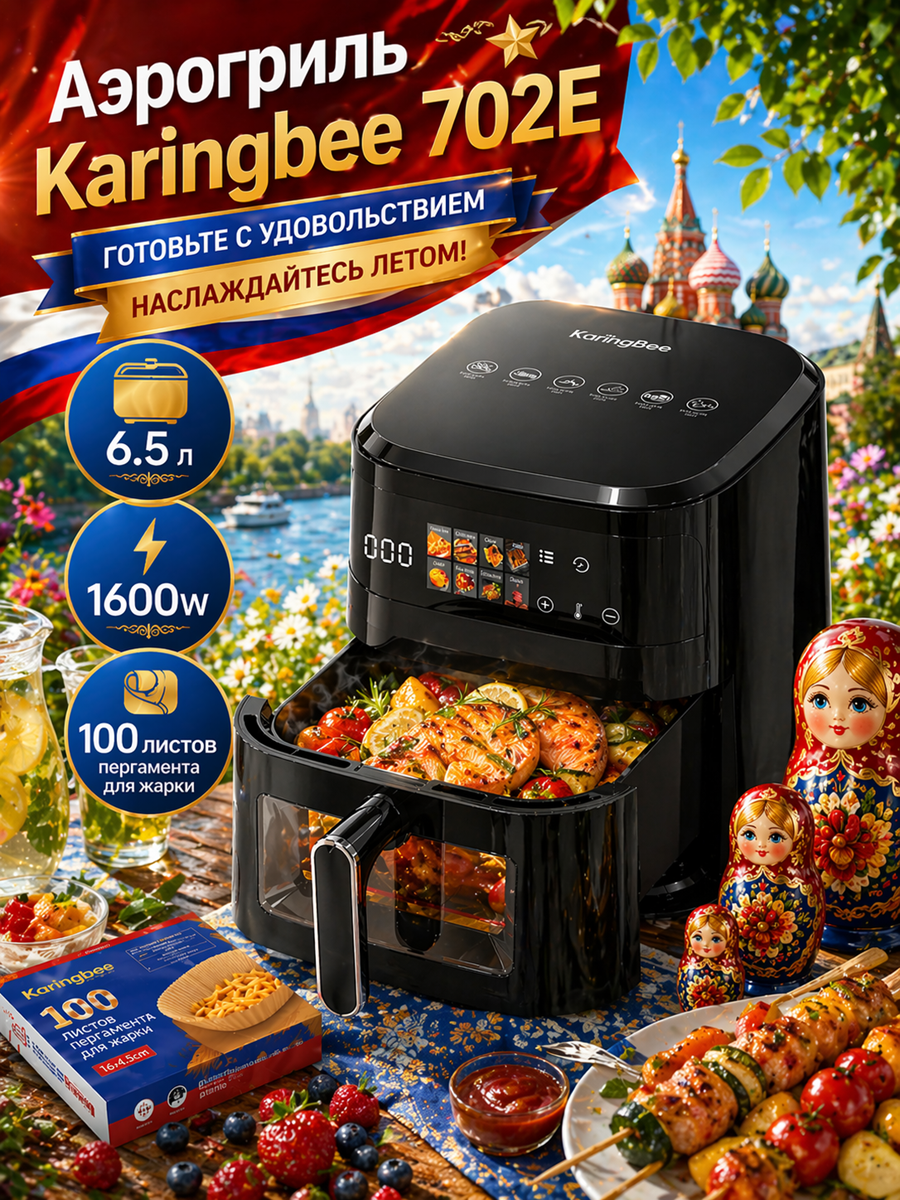 Аэрогриль KaringBee 6.5л /8 программ/1600 Вт/100 вкладышей в подарок/Перчатка