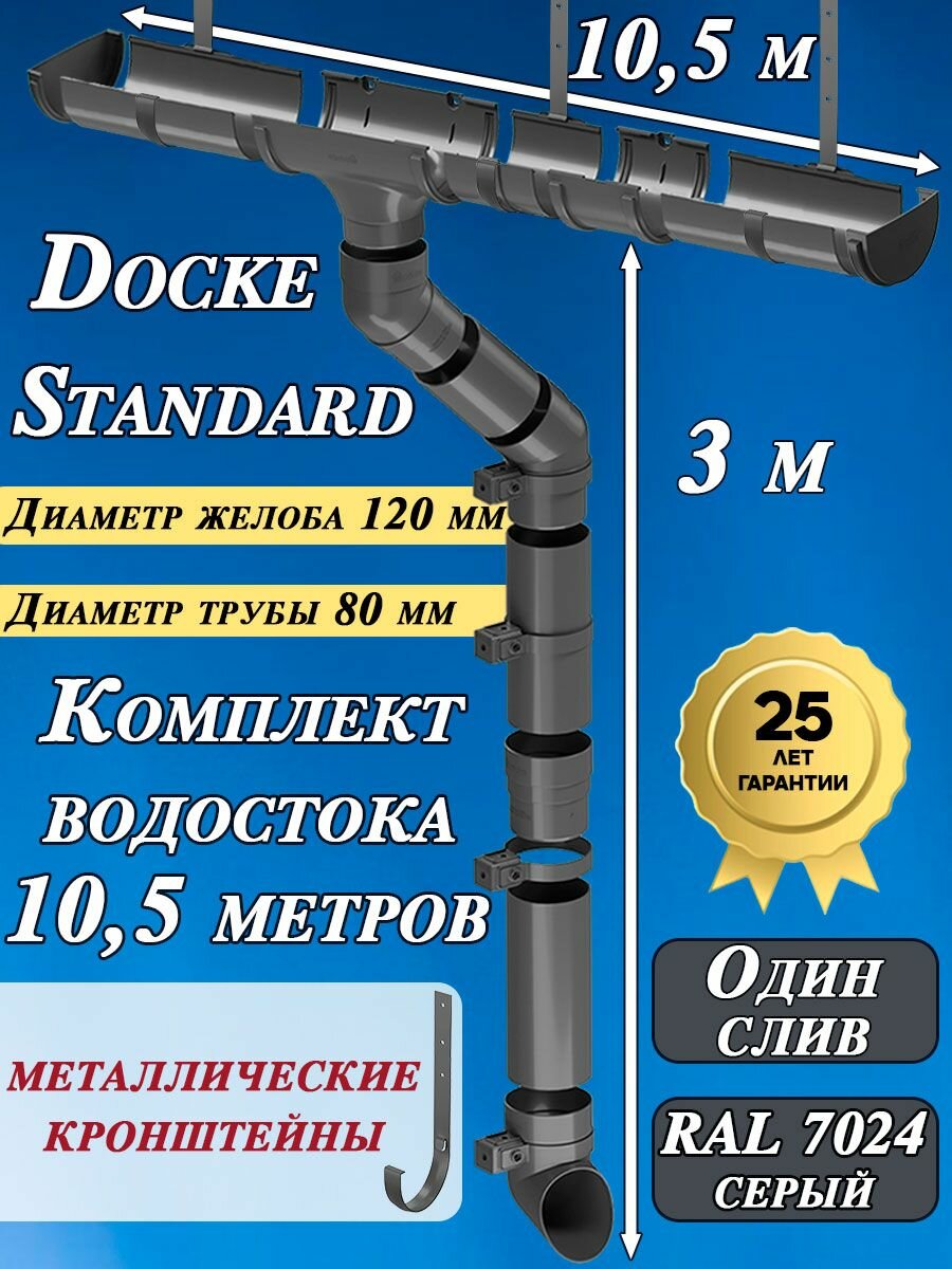Водосток для крыши Деке Стандарт 10,5 м один слив (120 мм/80 мм) с металл. крюками Docke Standard (RAL 7024 темно-серый)