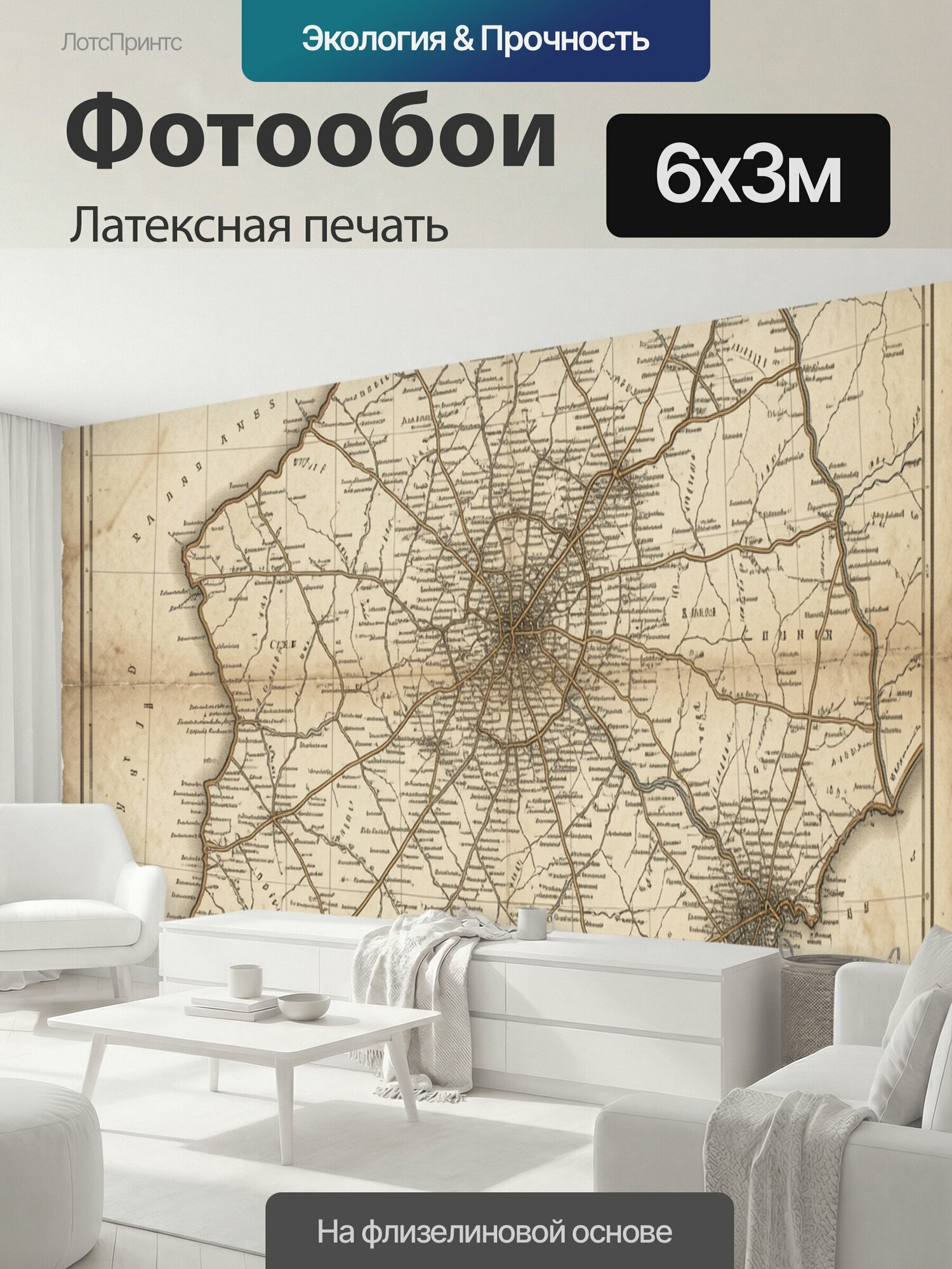 Фотообои моющиеся ударопрочные "Старинная карта с виньеткой дома. Антикварная географическая схема в сепии с подробной сетью дорог, границ и." 600x300 см. латексная печать