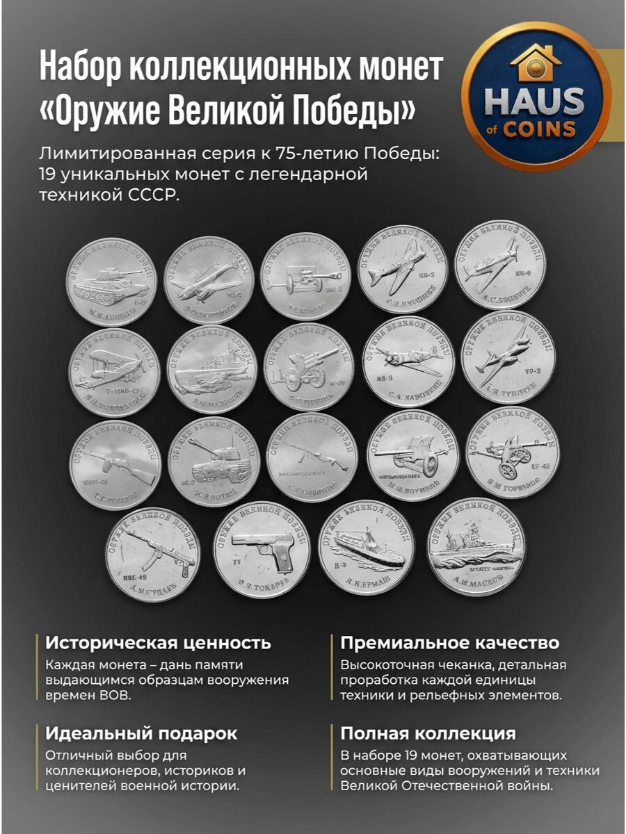 Полный набор 25 рублей 2019-2020 "Оружие Великой Победы (конструкторы оружия)" - 19 монет (все три выпуска)