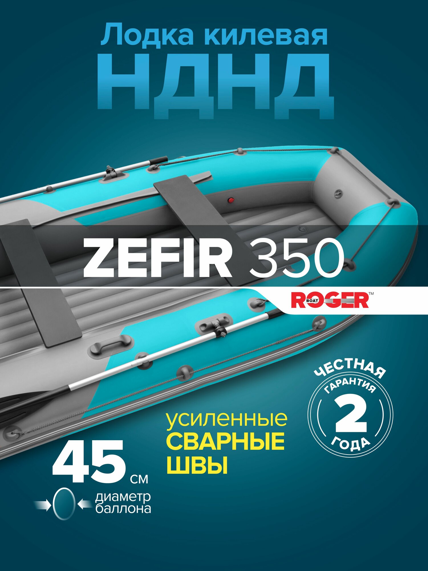 Лодка ПВХ под мотор ROGER Zefir 350, надувная для рыбалки роджер НДНД килевая (бирюзовый графитовый)