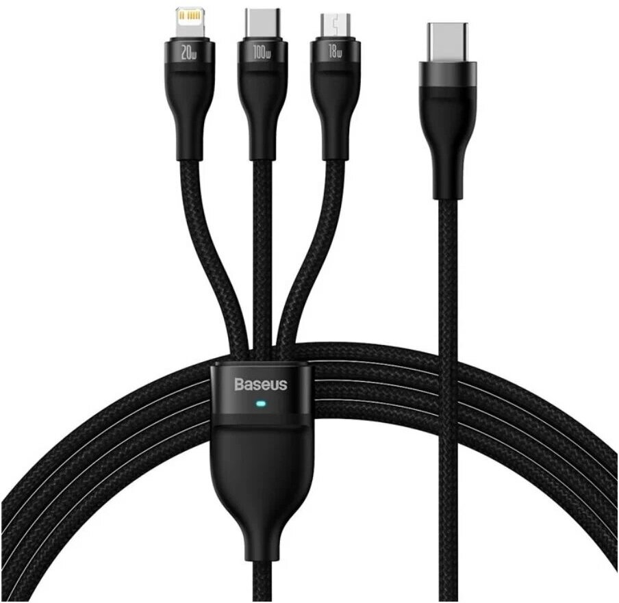 Кабель для быстрой зарядки Baseus One-for-three, Type-C to MicroUSB QC18W+Lightnind PD20W+Type-C 100W, 1.5м, Черный, CASS030201