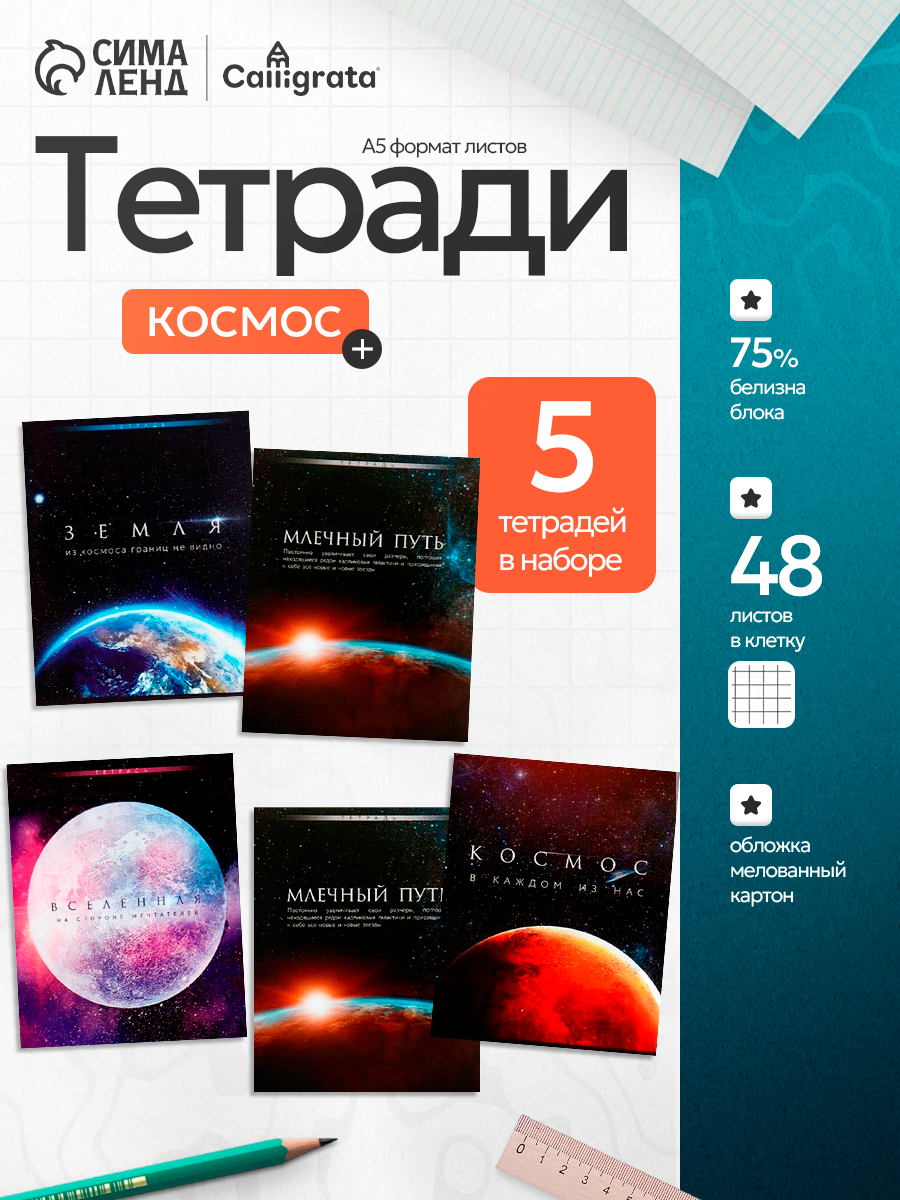 Комплект тетрадей из 5 штук (4 разные + 1 повторяющаяся), 48 л в клетку Calligrata "Космос", блок №2 (серые листы)