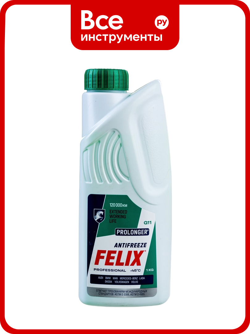 Антифриз FELIX PROLONGER-40 G-11, 1 кг, зеленый, на основе моноэтиленгликоля, для защиты двигателя в зимний период