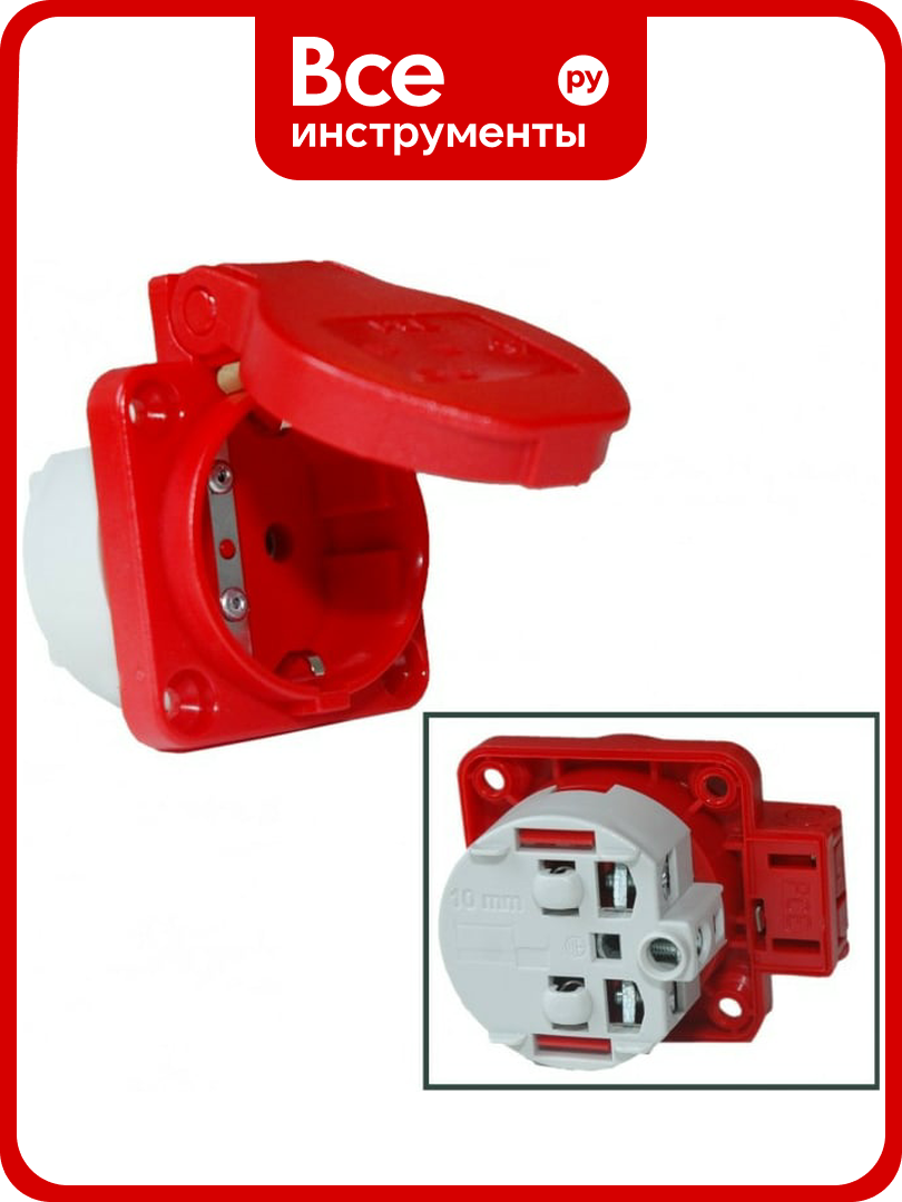 Встраиваемая розетка PCE 16A 250V 2P+E IP54 подключение сзади 50х50 красная 105-0r, красный,