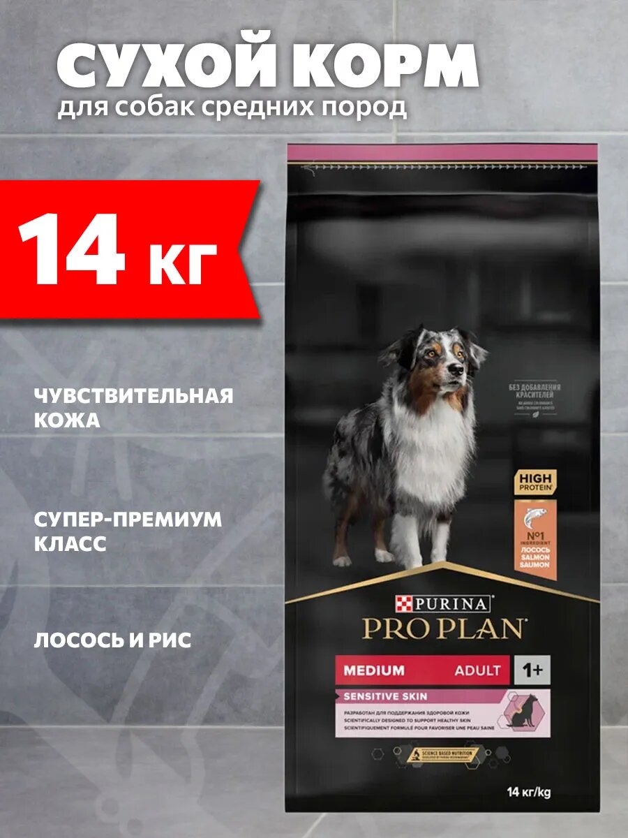 Корм сухой Pro Plan Sensitive Skin для взрослых собак средних пород для чувствительной кожи, лосось, рис, 14 кг