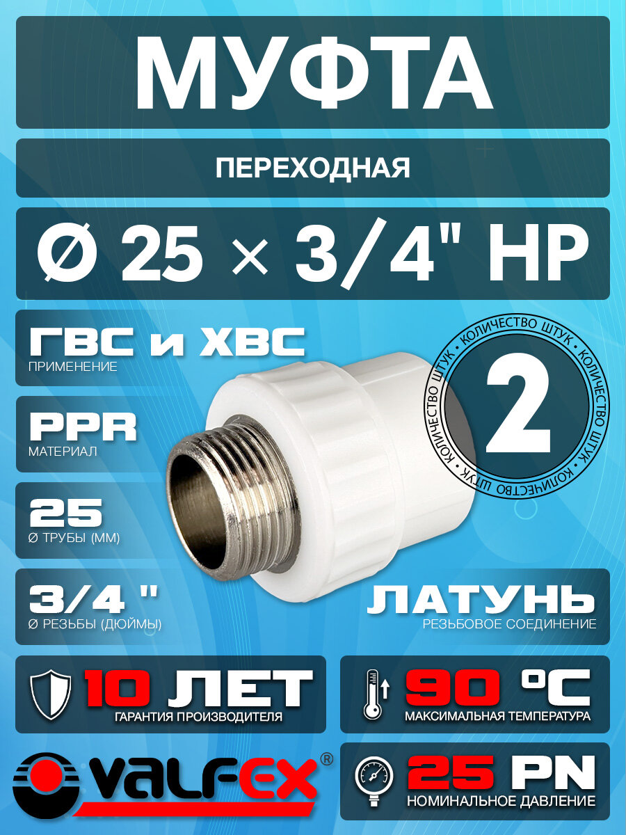 Муфта полипропиленовая переходная с наружной резьбой 25x3/4" (2 шт)