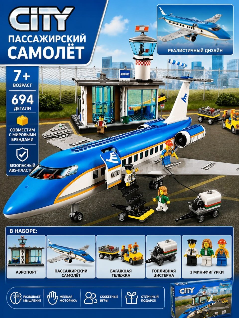 Конструктор "Сити Самолет", 694 деталей, классическая сборка, от 7 лет