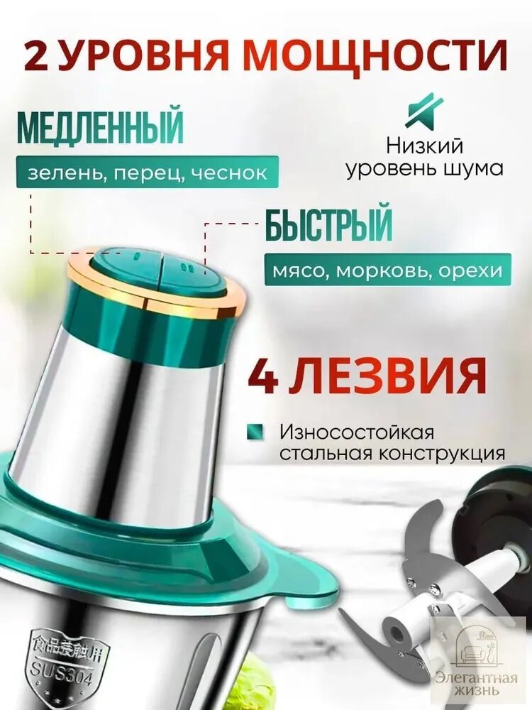 Измельчитель Aselix электрический 6 в 1, 2 скорости, 3 литра, серебристый с зеленым — фото 1