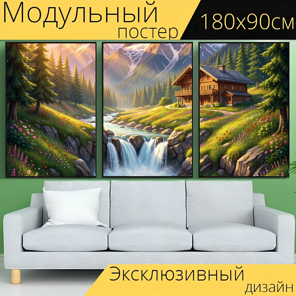 Модульный постер "Альпийский дом у горной реки. Живописная панорама с заснеженными вершинами, хвойным лесом, деревянным шале и." 180 x 90 см. для интерьера на стену в тубусе
