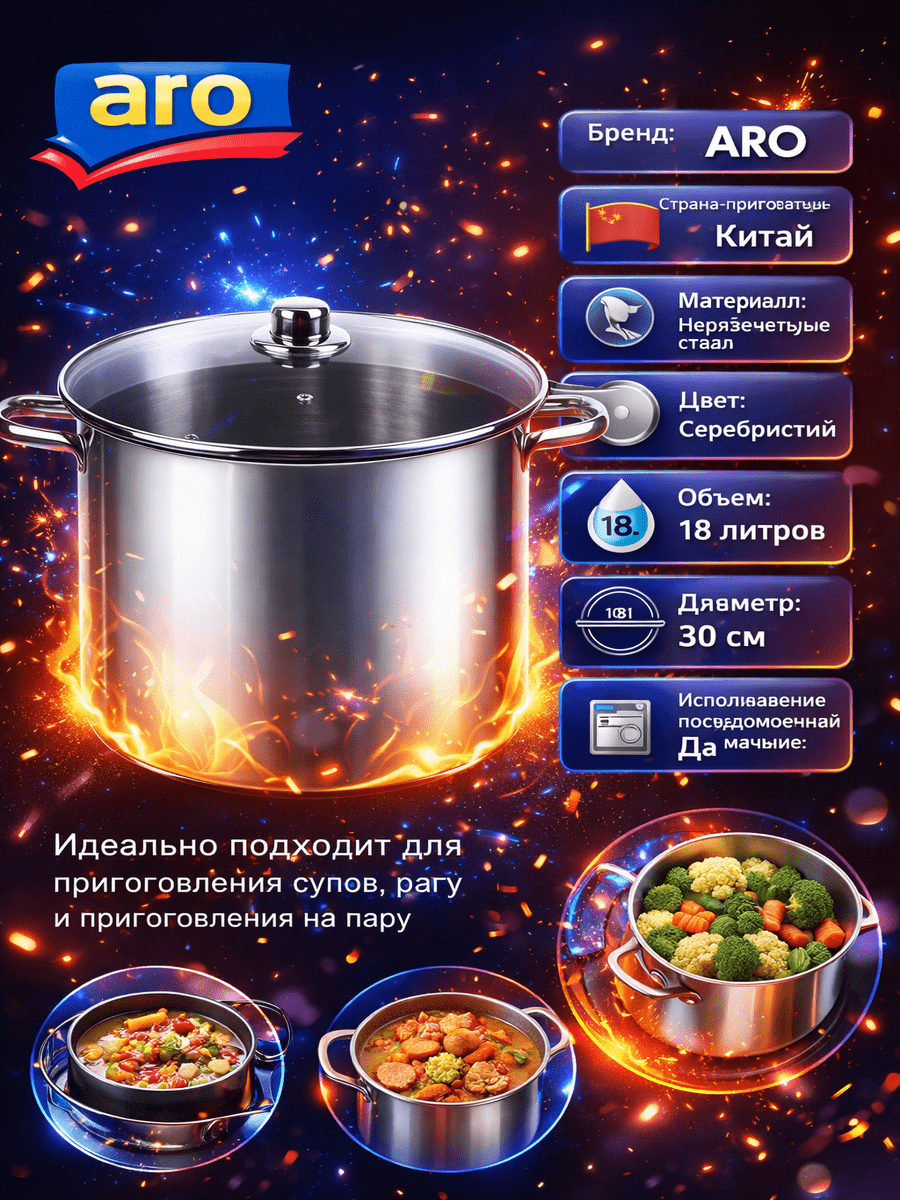 Aro Кастрюля с крышкой из нержавеющей стали 18л, 30см