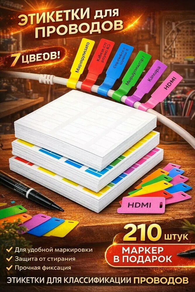 Маркировка кабеля, самоклеящиеся этикетки, 210 шт, влагостойкие наклейки для электропроводки и лазерной печати А4