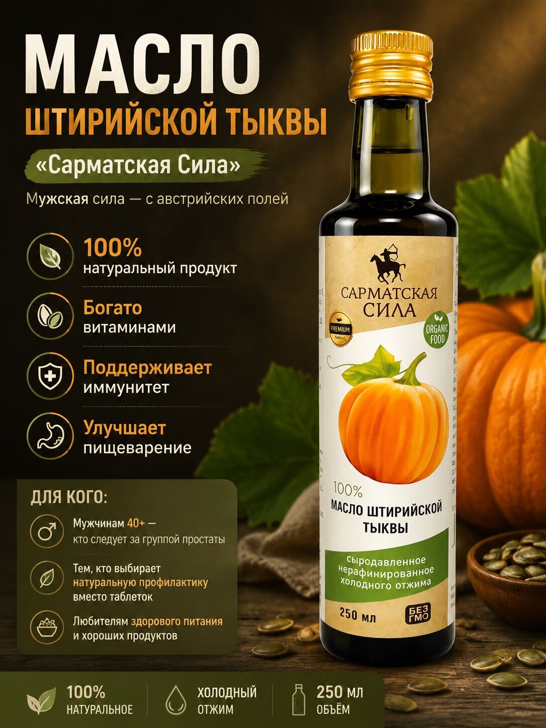 Масло Сарматская Сила "Штирийская тыква", сыродавленное, 100%, нерафинированное, 0,25 л