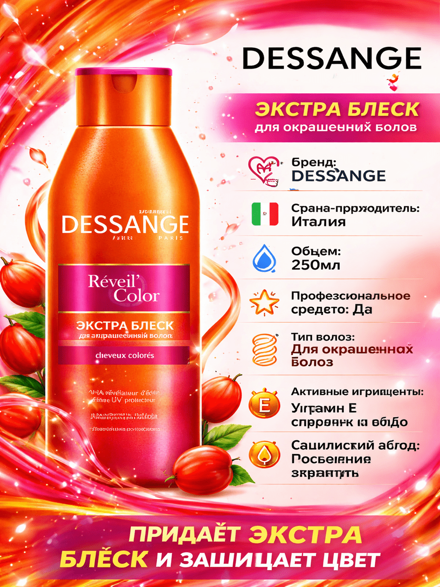 Шампунь Dessange Экстра блеск для окрашенных волос, 250мл