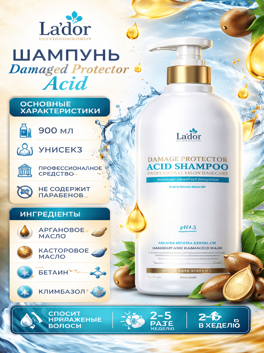 Шампунь La'Dor Damaged Protector Acid с аргановым маслом, 900мл