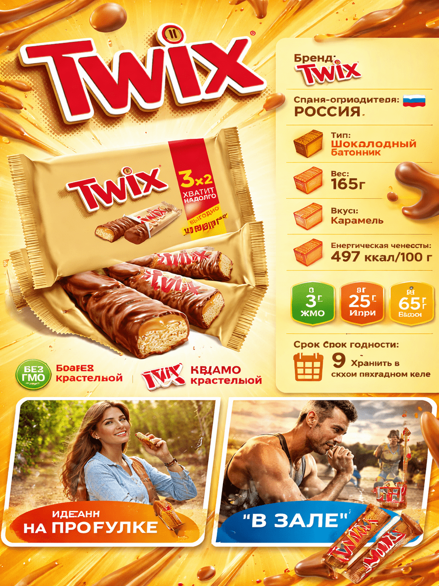 Батончик шоколадный Twix 55г х 3шт, 165г