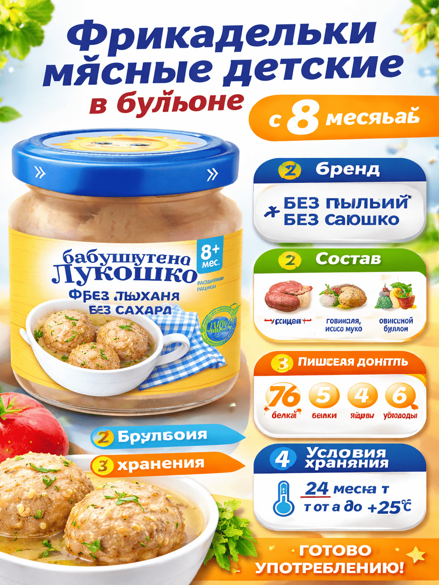 Фрикадельки мясные детские Бабушкино Лукошко в бульоне Говядина с 8 месяцев, 100г