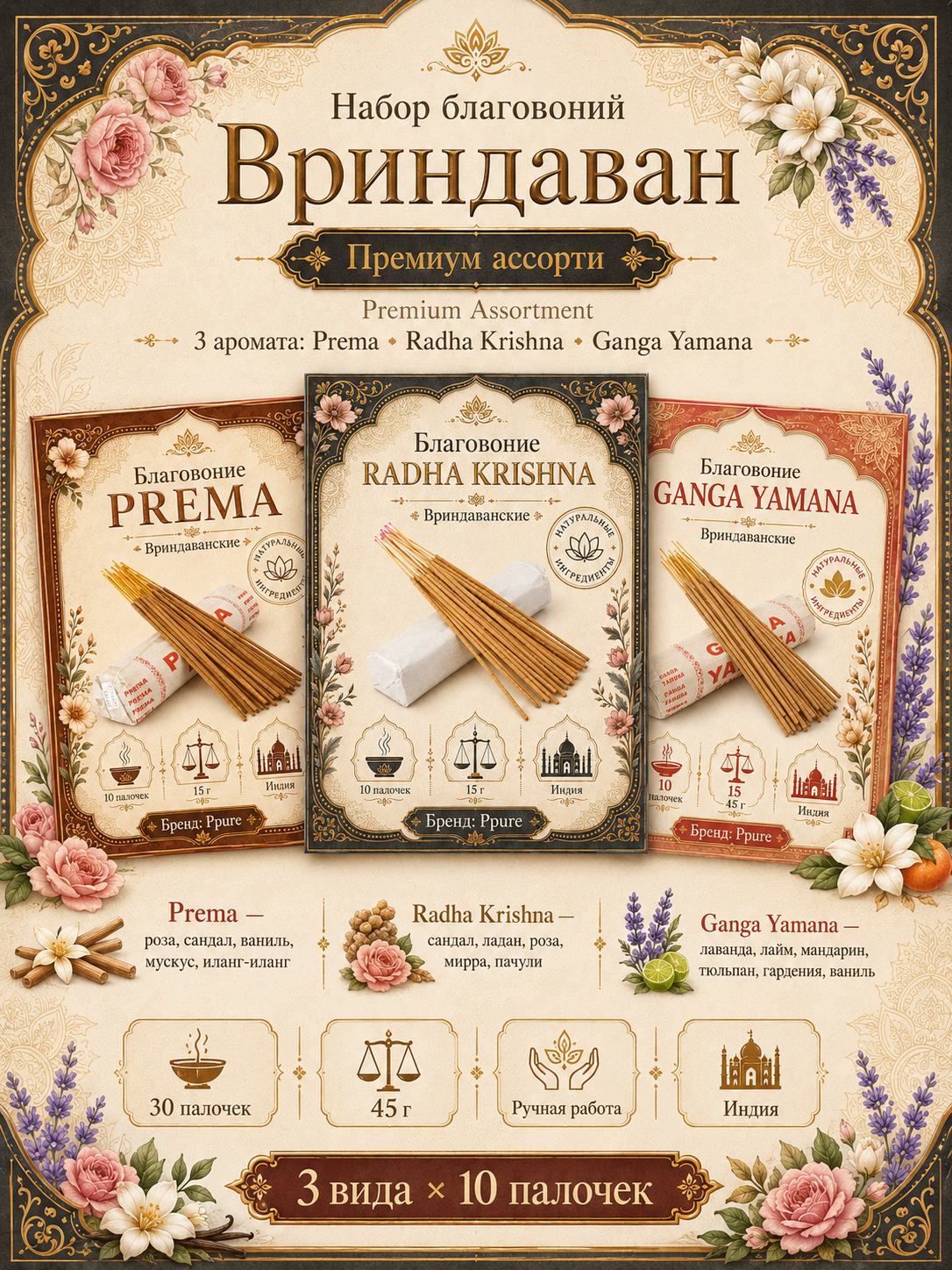 Набор благовоний Вриндаван Премиум ассорти / Premium Assortment, 3 аромата × 10 палочек, 45 г, ручная работа, Индия