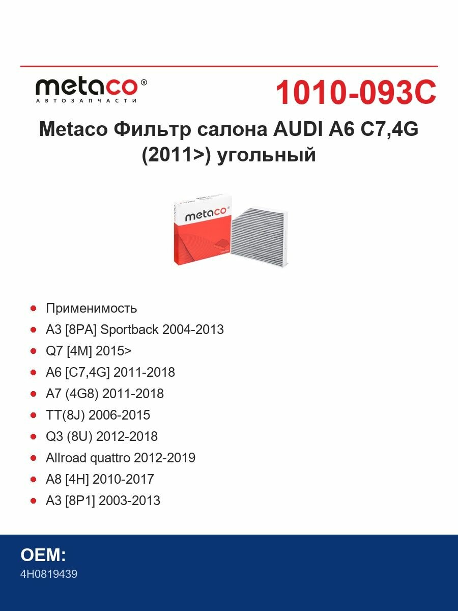 Metaco Фильтр салона AUDI A6 C7,4G (2011>) угольный