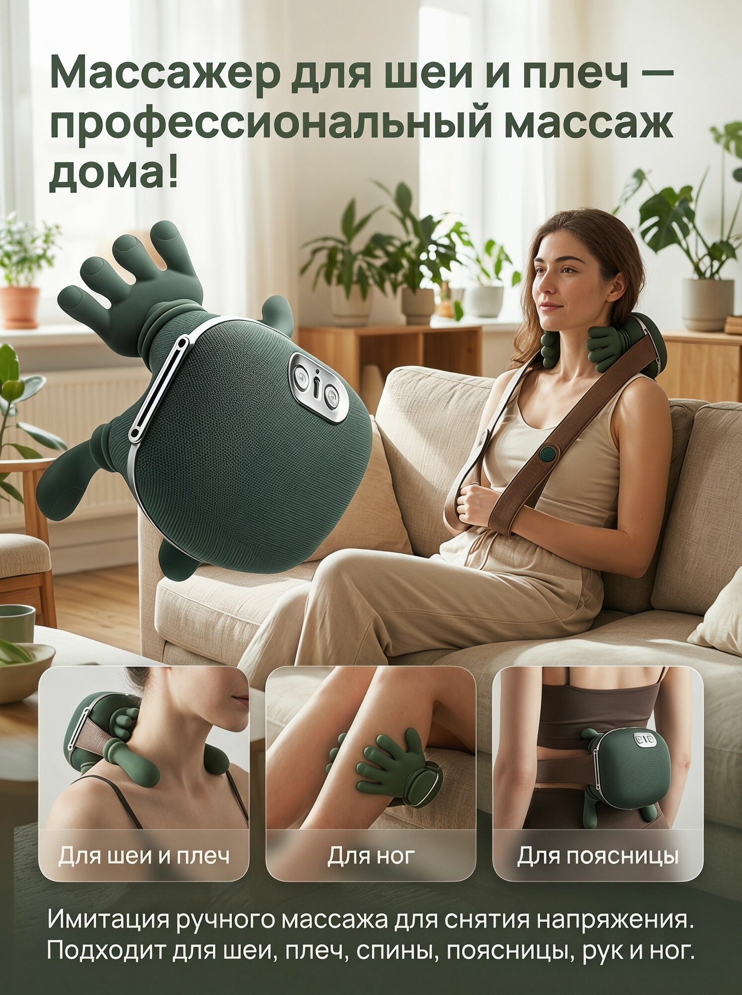 Массажер для шеи и плеч электрический, 3D имитация руки, с подогревом 40/45 C и инфракрасным светом, 3 режима, для спины, поясницы и ног