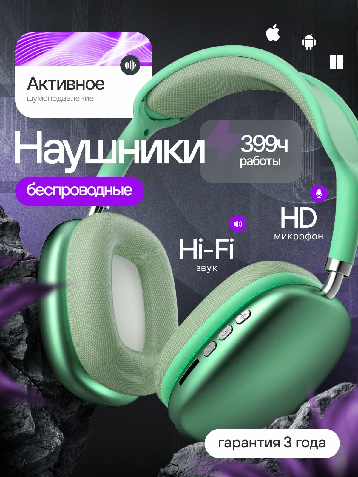 Наушники беспроводные большие, накладные, с шумоподавлением и микрофоном