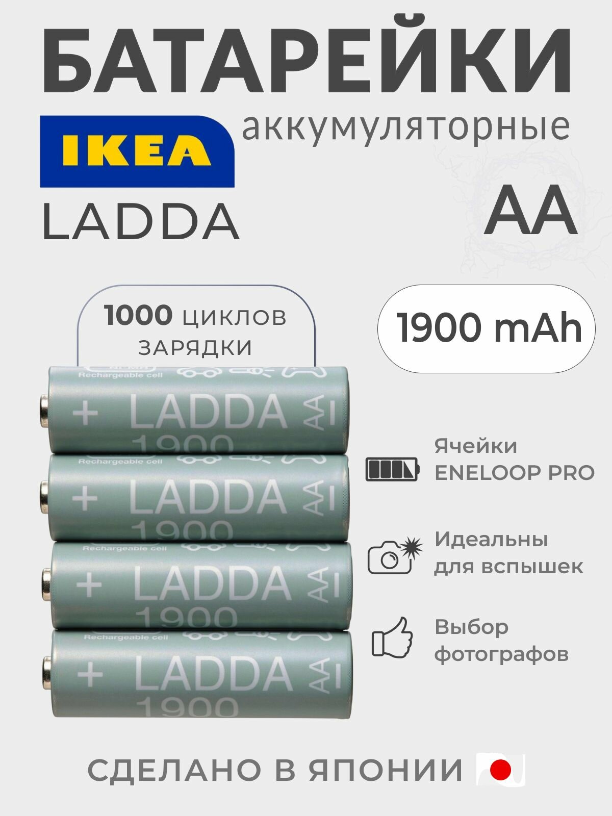 Батарейка аккумуляторная LADDA Eneloop HR06 AA, 1900 мАh, 1,2 В, икеа 005.098.14 - 4 штуки.