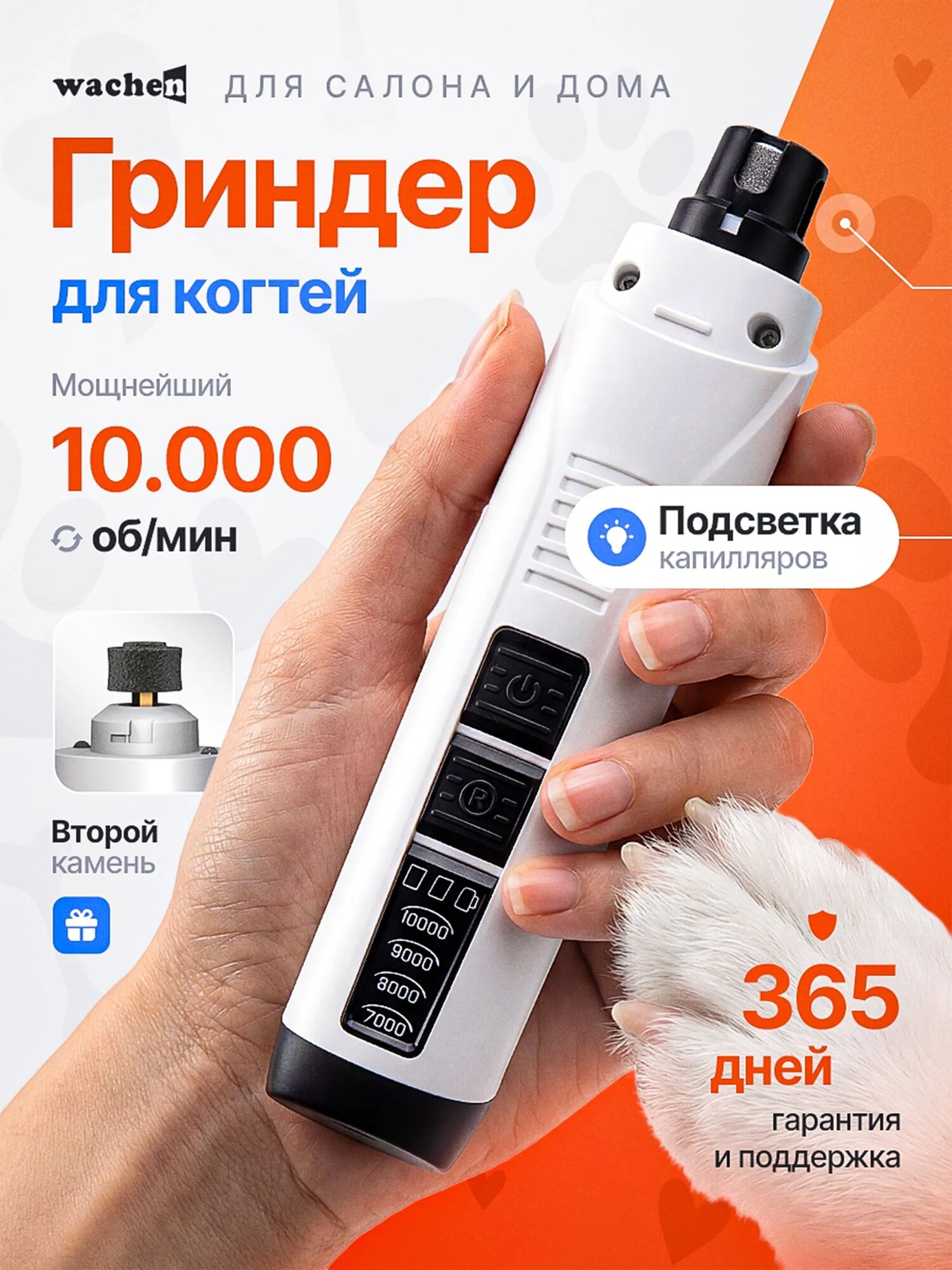 Гриндер когтей Wachen WG032, ABS-пластик, 10 000 оборотов в минуту, белый