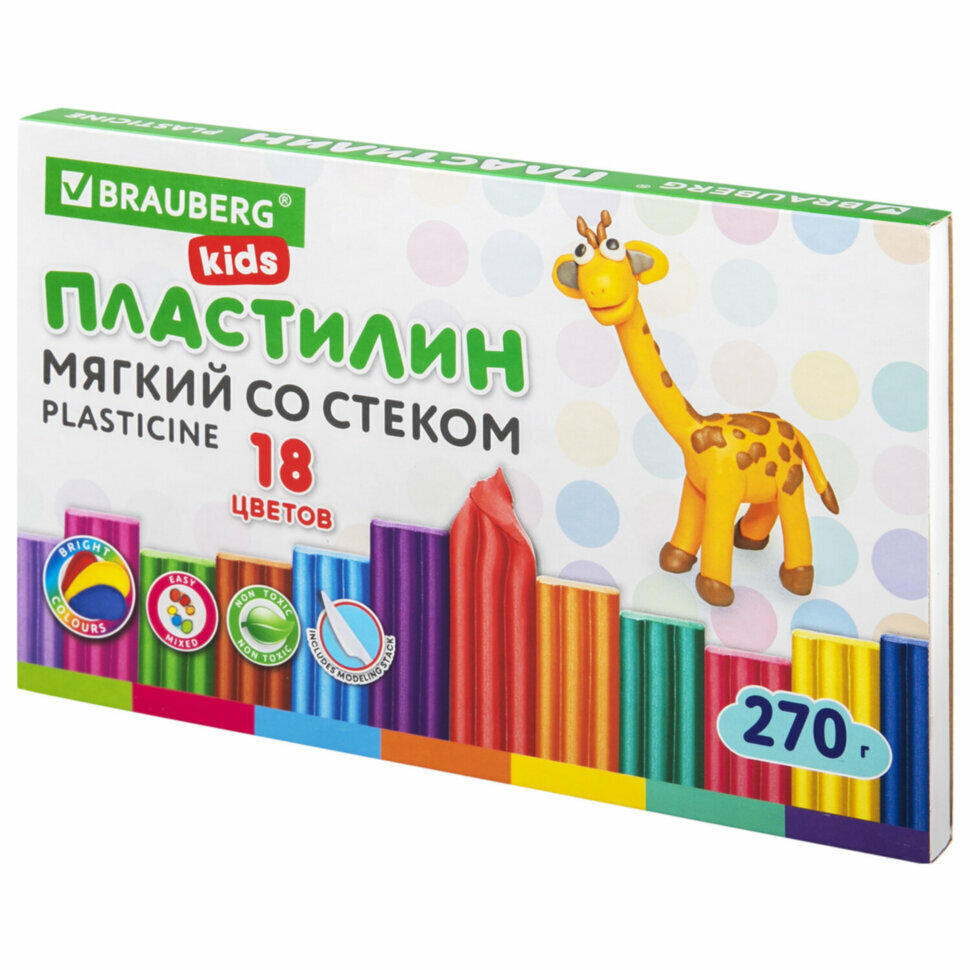 Пластилин мягкий восковой BRAUBERG KIDS, 18 цветов, 270 г, со стеком, 106497, 106497