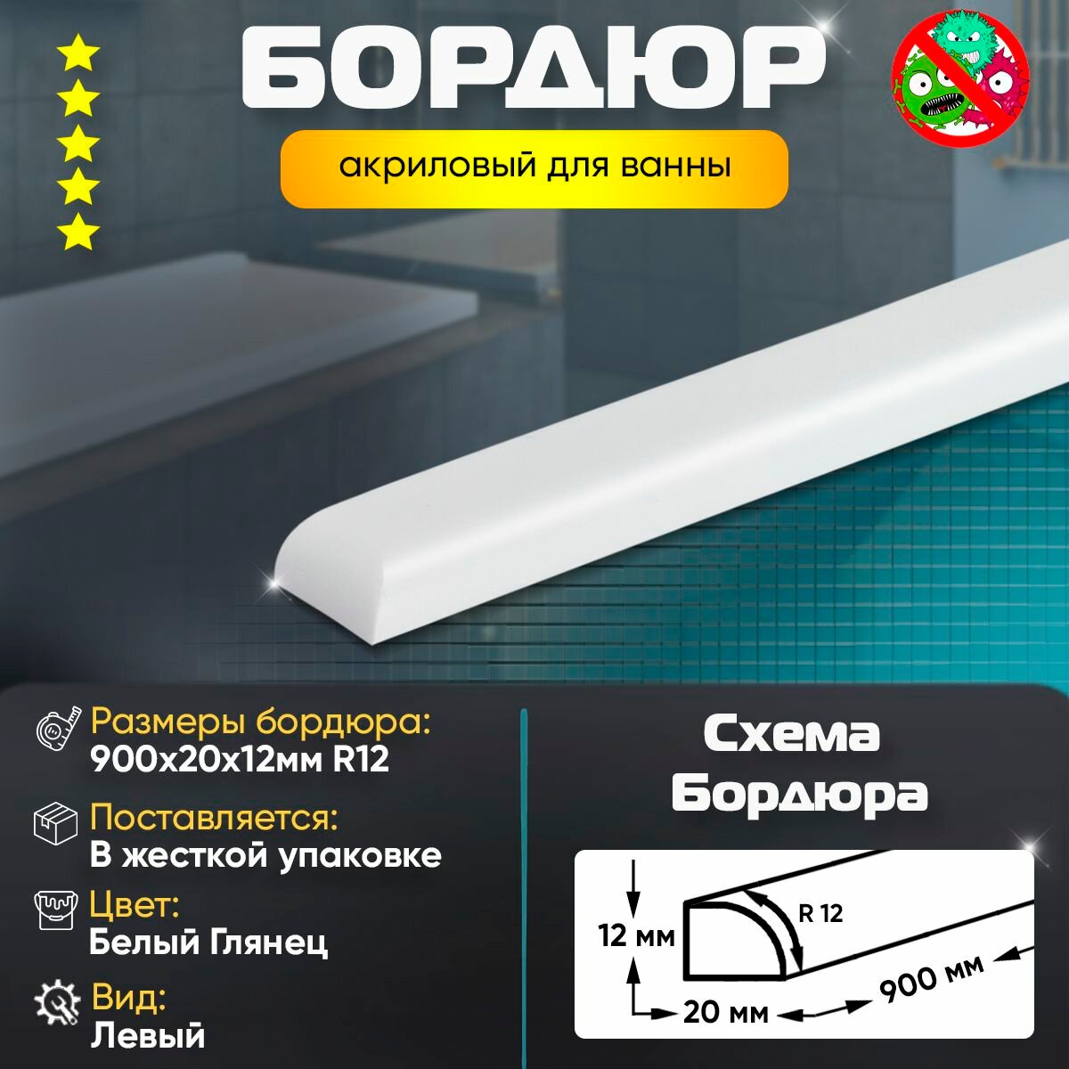Плинтус бордюр акриловый для ванной комнаты радиус r12 12х20х900 левый белый глянец
