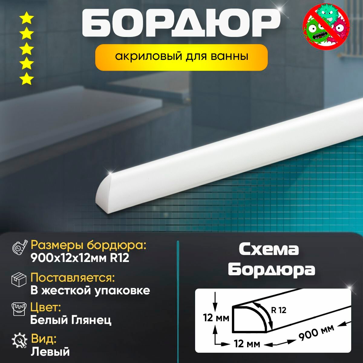 Плинтус бордюр акриловый для ванной комнаты радиус r12 12х12х900 левый белый глянец