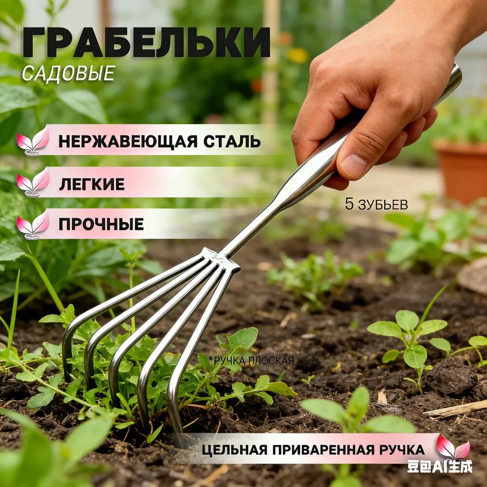 Грабли , Веерные, Нержавеющая сталь, 10 см