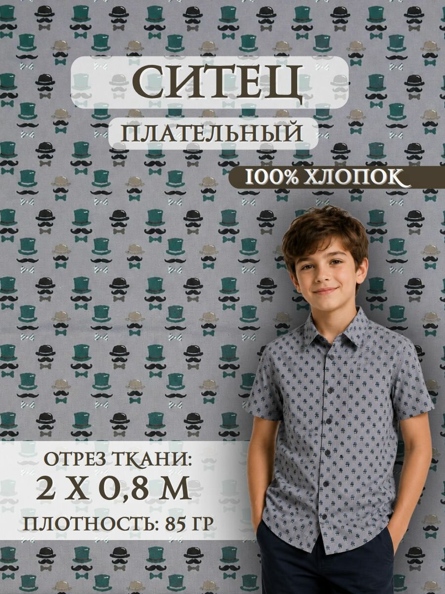 Ткань Ситец набивной "Джентельмены", одежды, 100% хлопок, ш-80 см, отрез 2 метра