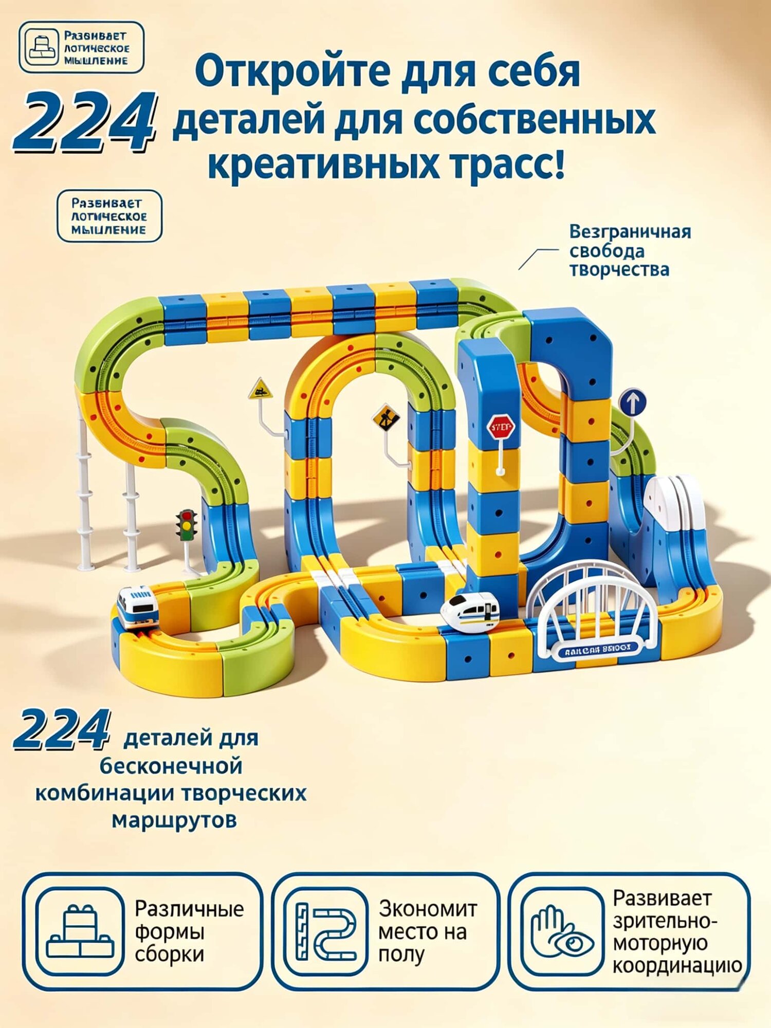 Магнитный конструктор Трек 224 деталей. Антигравитационная гоночная трасса для поезда. Идеальный подарок для развития детей и спасение для родителей!