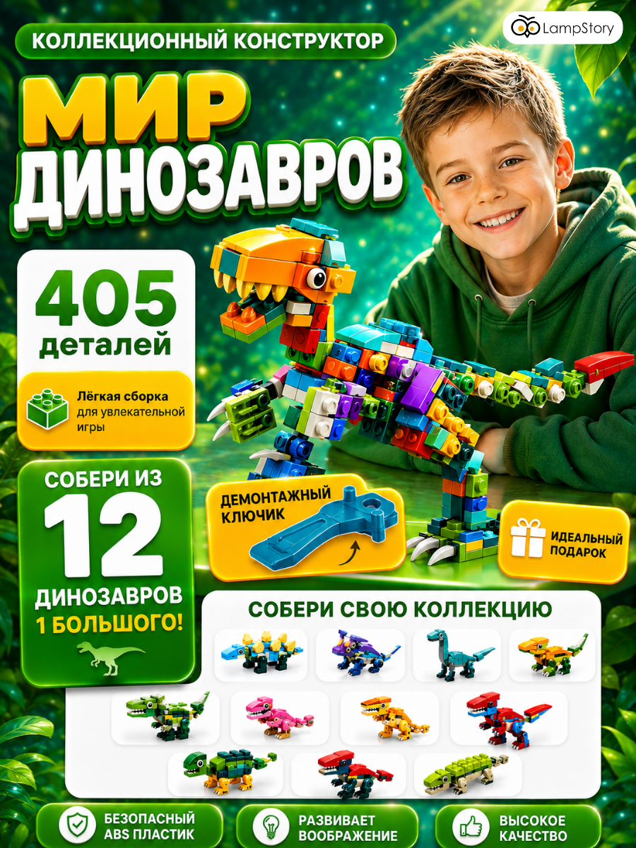 Конструктор LampStory "Мир Динозавров", 405 деталей, совместим с Lego и Sluban