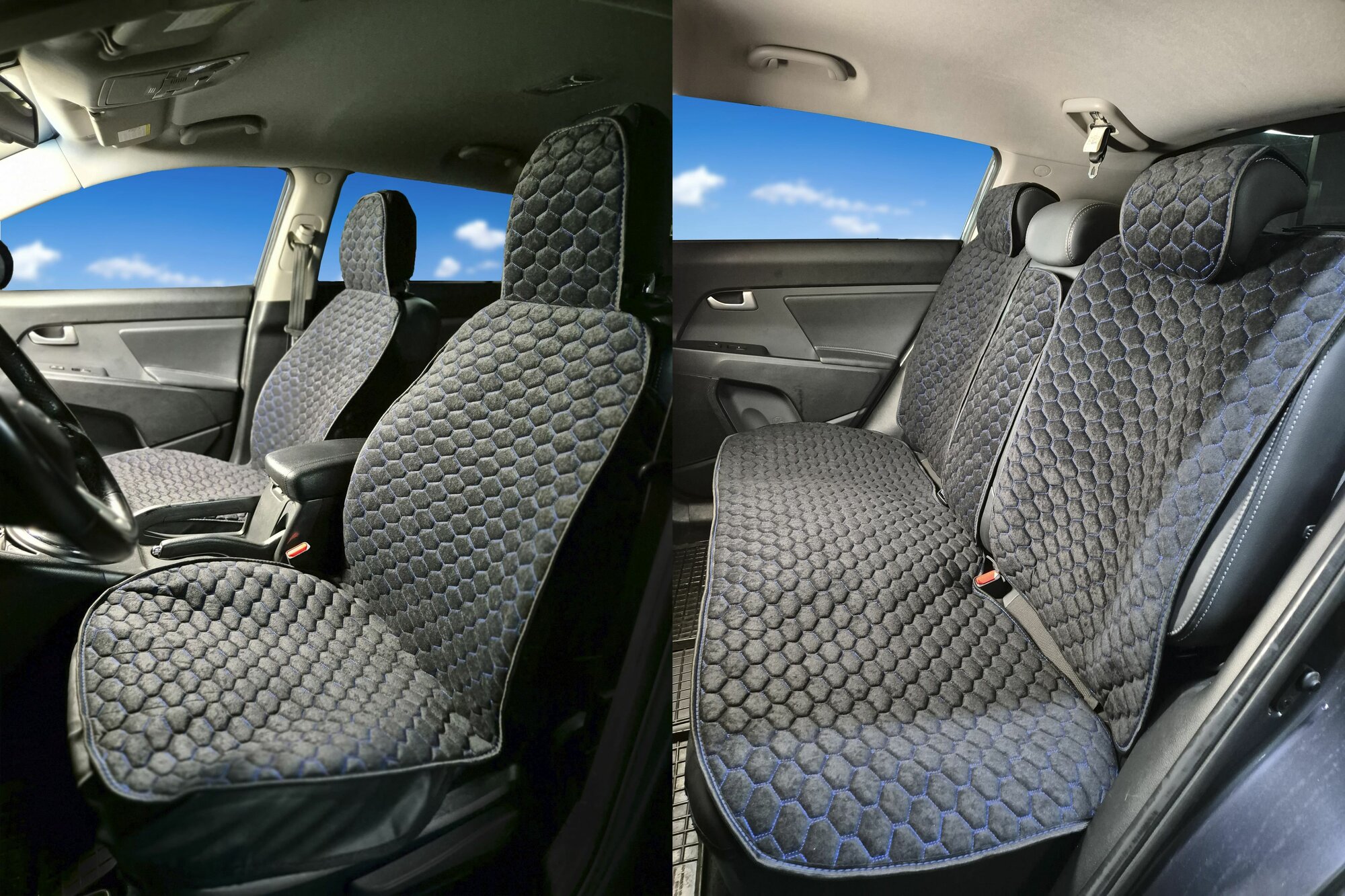 Накидки для Шевроле / Chevrolet Cruze, Lacetti, Lanos, Niva, Cobalt, Aveo и др. на весь салон с подголовником и защитой боковин с узором соты из велюра, черный с синей строчкой