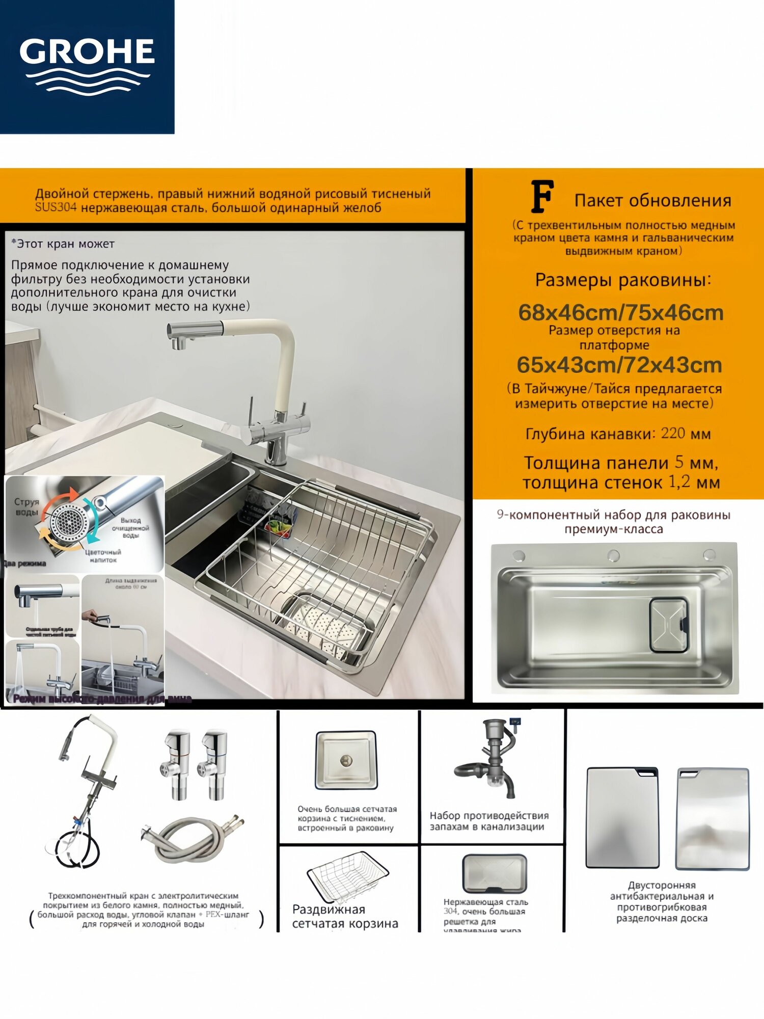 Кухонная мойка GROHE 304: большая одночашевая модель, многофункциональная, с текстурированной поверхностью.
