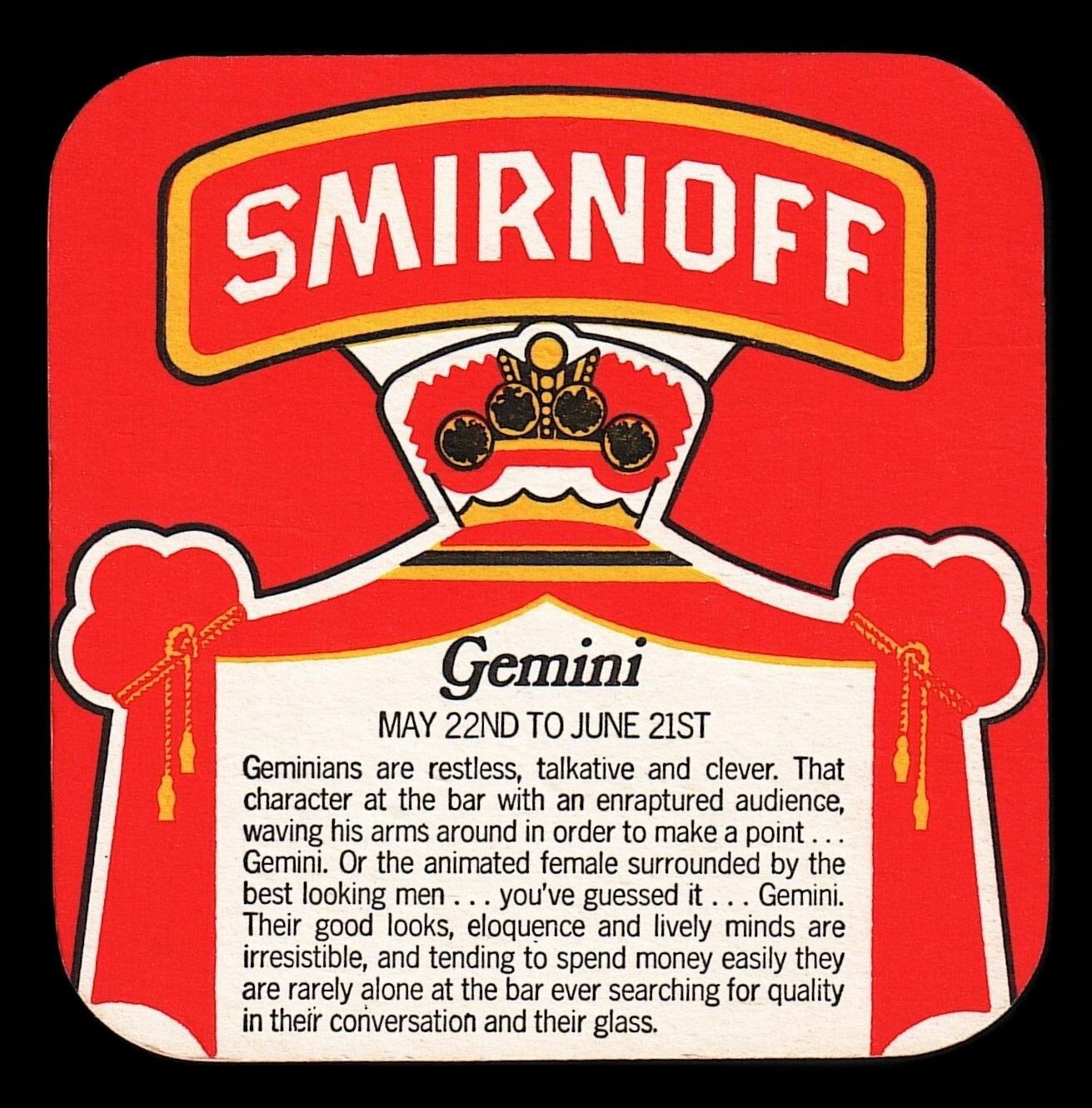 Бирдекель (костер) Smirnoff Gemini Англия (подставка под пивной бокал)