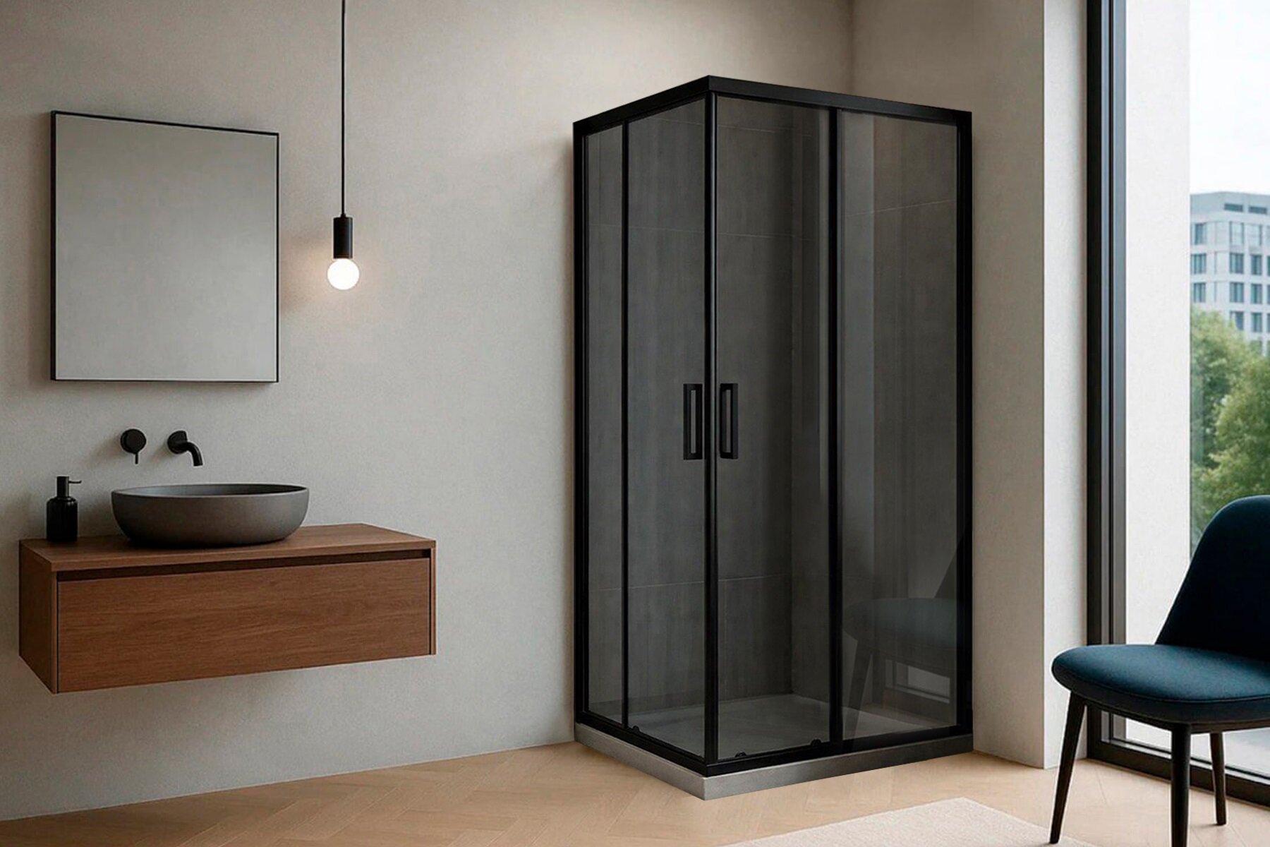 Душевой уголок RB HPD-G-BL 75х75х200 тонированное стекло, черный профиль