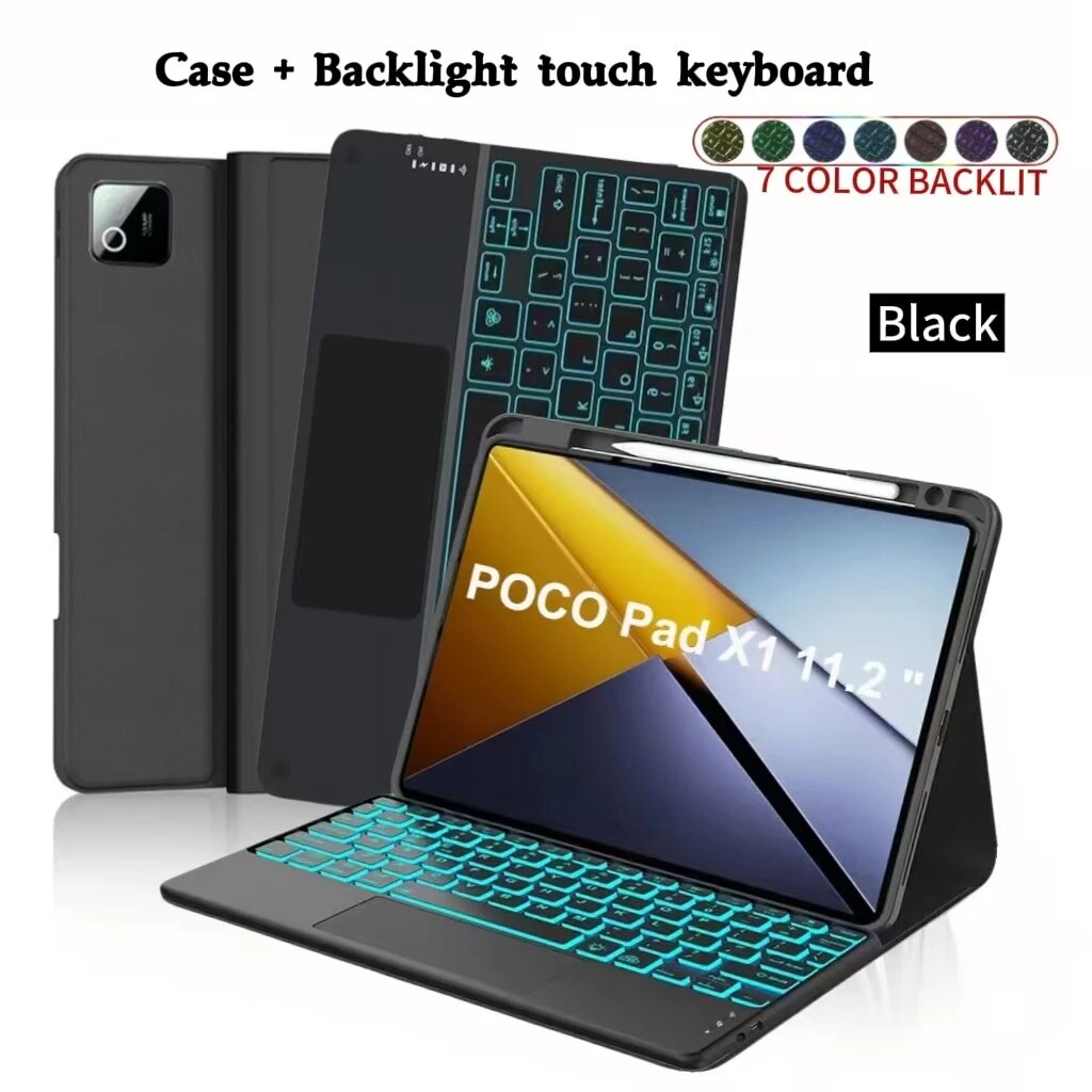 Чехол-клавиатура HUAIBX для Xiaomi POCO Pad X1 11,2" Black 3 Backlight, Russian