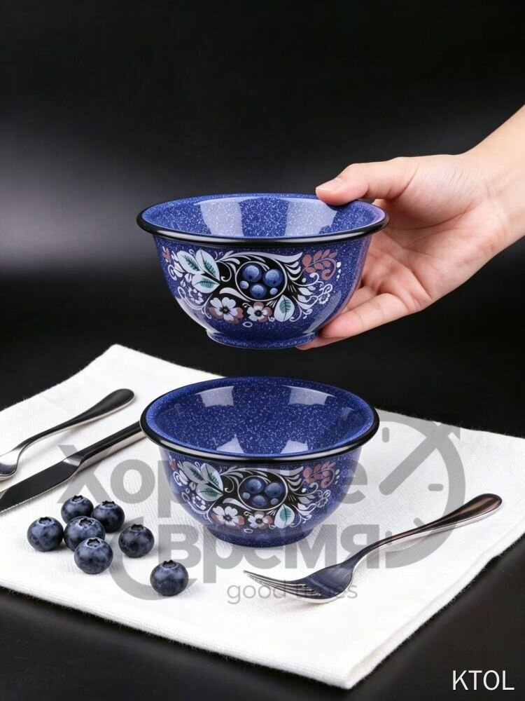 Миска синяя KTOl из керамики с рисунком, набор 2 шт, для дома, салат, фрукты