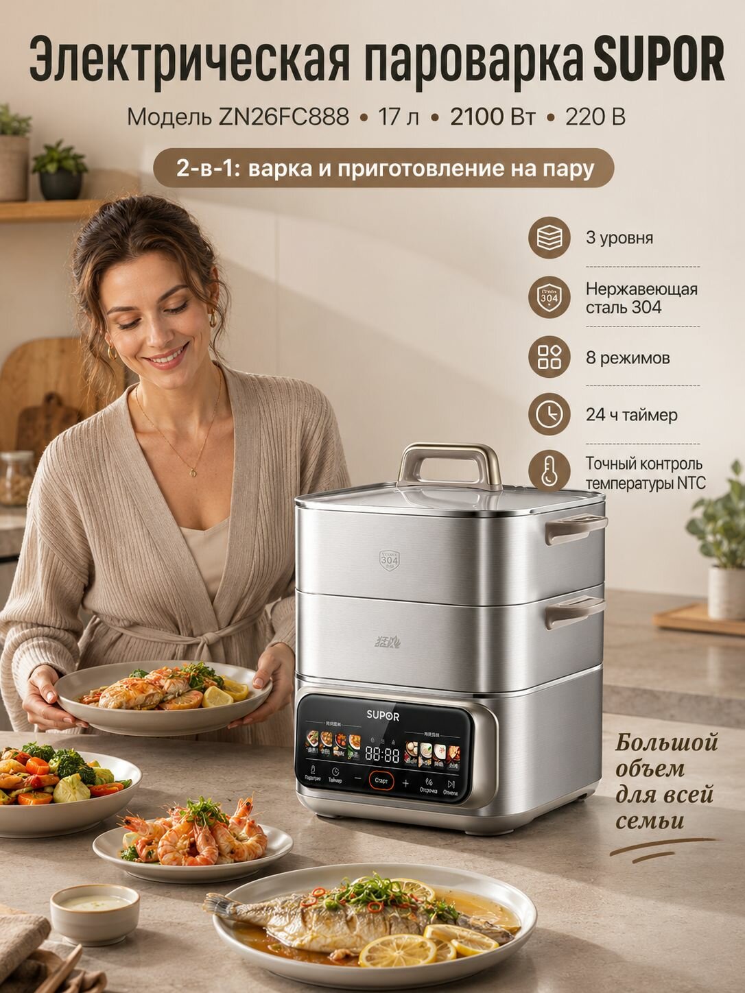Supor Пароварка электрическая SKU01323, серебристый