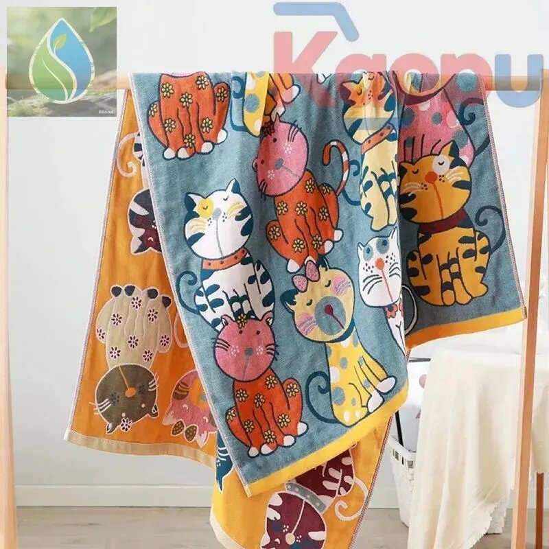 Полотенце для ванной, Хлопок, 80x160 см, оранжевый, белый, кошачий принт, 1 шт.