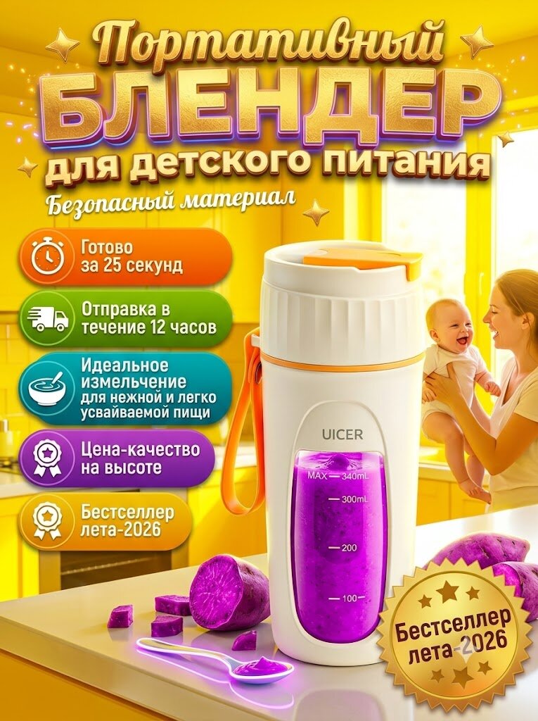 Портативный блендер беспроводной для смузи и коктейлей, 3 скорости с дисплеем, белый
