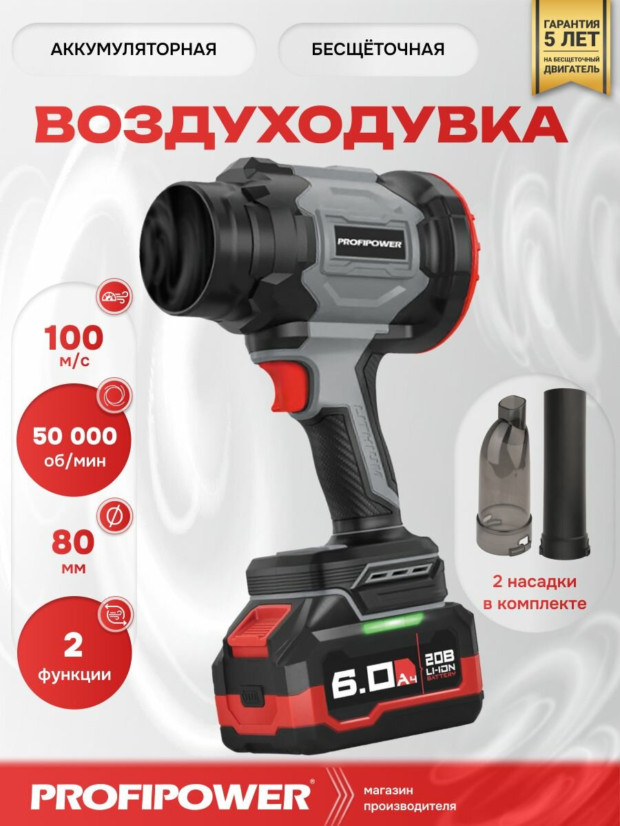 Воздуходувка-пылесос PROFIPOWER Урaгaн P972, бесщеточный двигатель, аккумулятор 6Ач