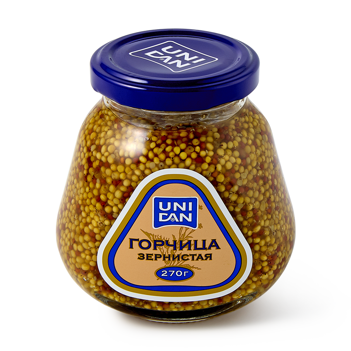Горчица Uni Dan, зернистая, умеренно-острая, в стеклянной банке, 270 грамм