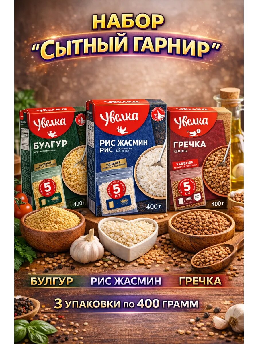 Набор "Сытный гарнир" Булгур + Рис Жасмин + Гречка