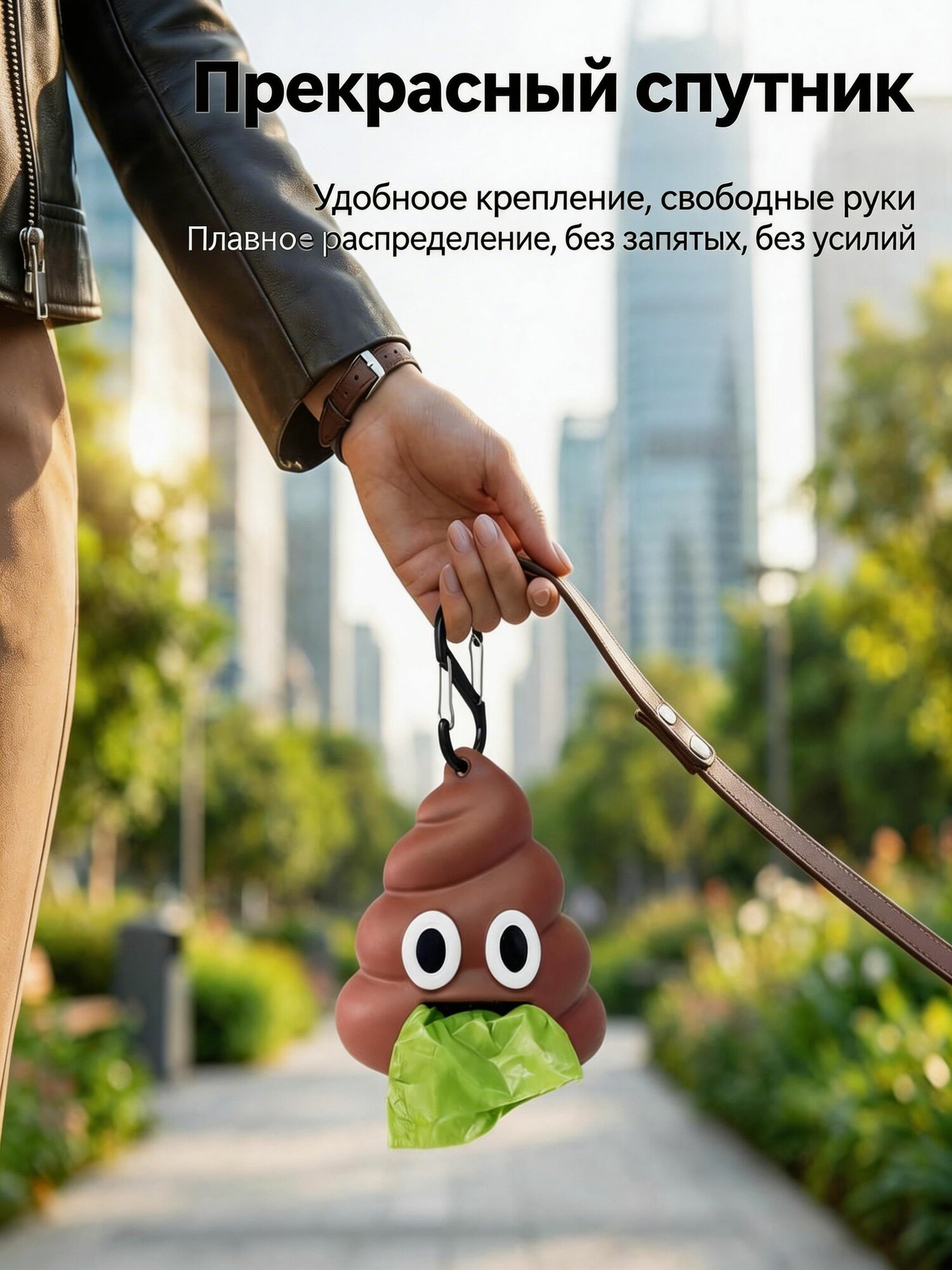 Держатель для мешков для уборки за собаками (крепится к поводку), забавный дизайн в форме какашки, прочный диспенсер, включает 1 рулон 15 мешков
