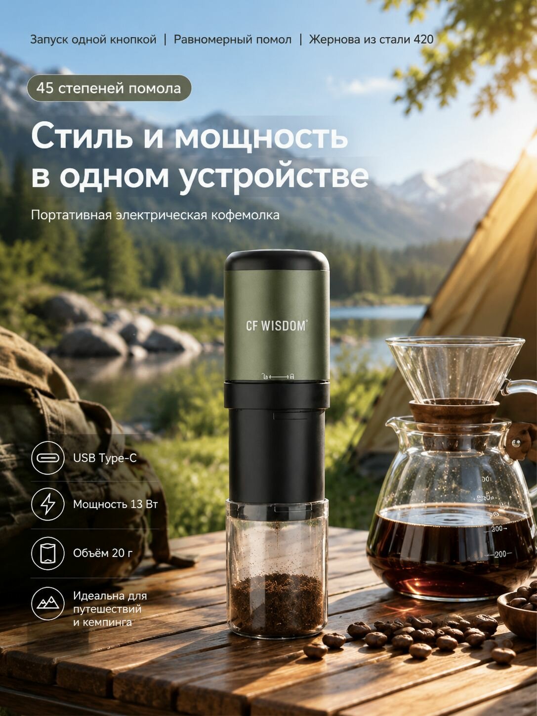 CF WISDOM Кофемолка , Кофемолка электрическая, портативная, жернова из нержавеющей стали 420, USB Type-C, стильный подарок для дома и офиса 13 Вт, объем 20 г
